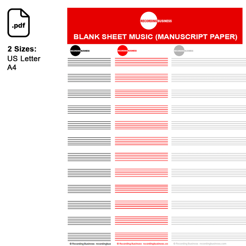 Blank Sheet Music (Manuscript Paper) 12-Staff Printable PDF - Recording ...